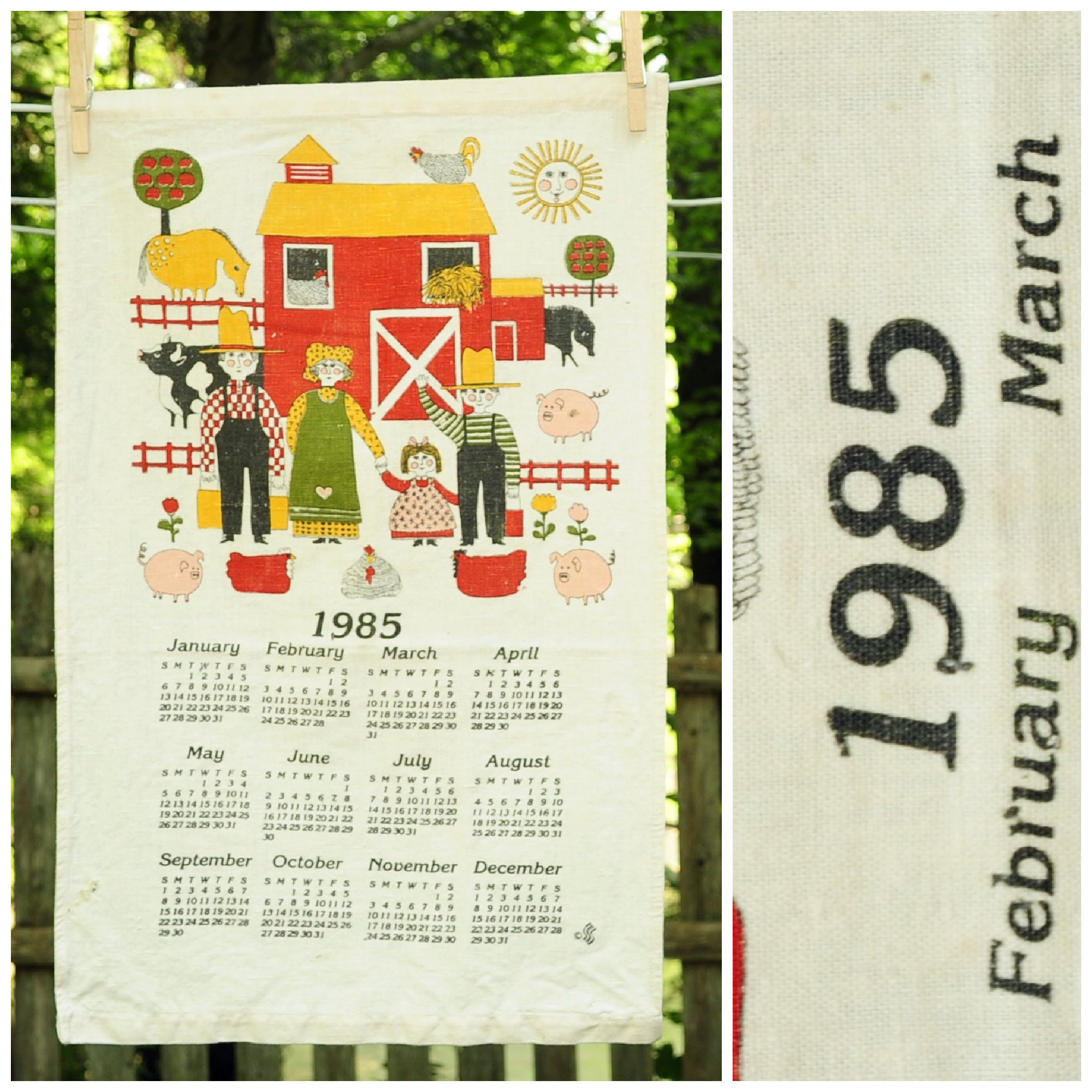 Vintage 1985 Calendar Towel / Farmer and Family With Barn & Animals ...