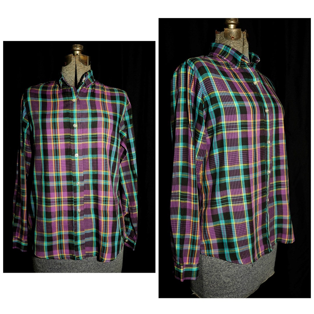 VTG 70's / Lady Donlin / Plaid Cotton Blouse Shirt / Size SM / Jewel ...