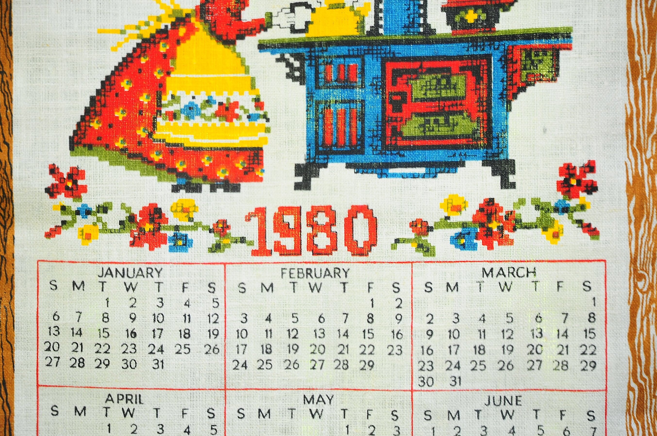 VTG 1980 / Faux Cross Stitch Colonial Calendar Towel / 'guests Like ...