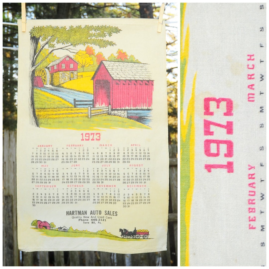 VTG 1973 / Red Covered Bridge & Watermill Calendar Towel / Hartman Auto ...