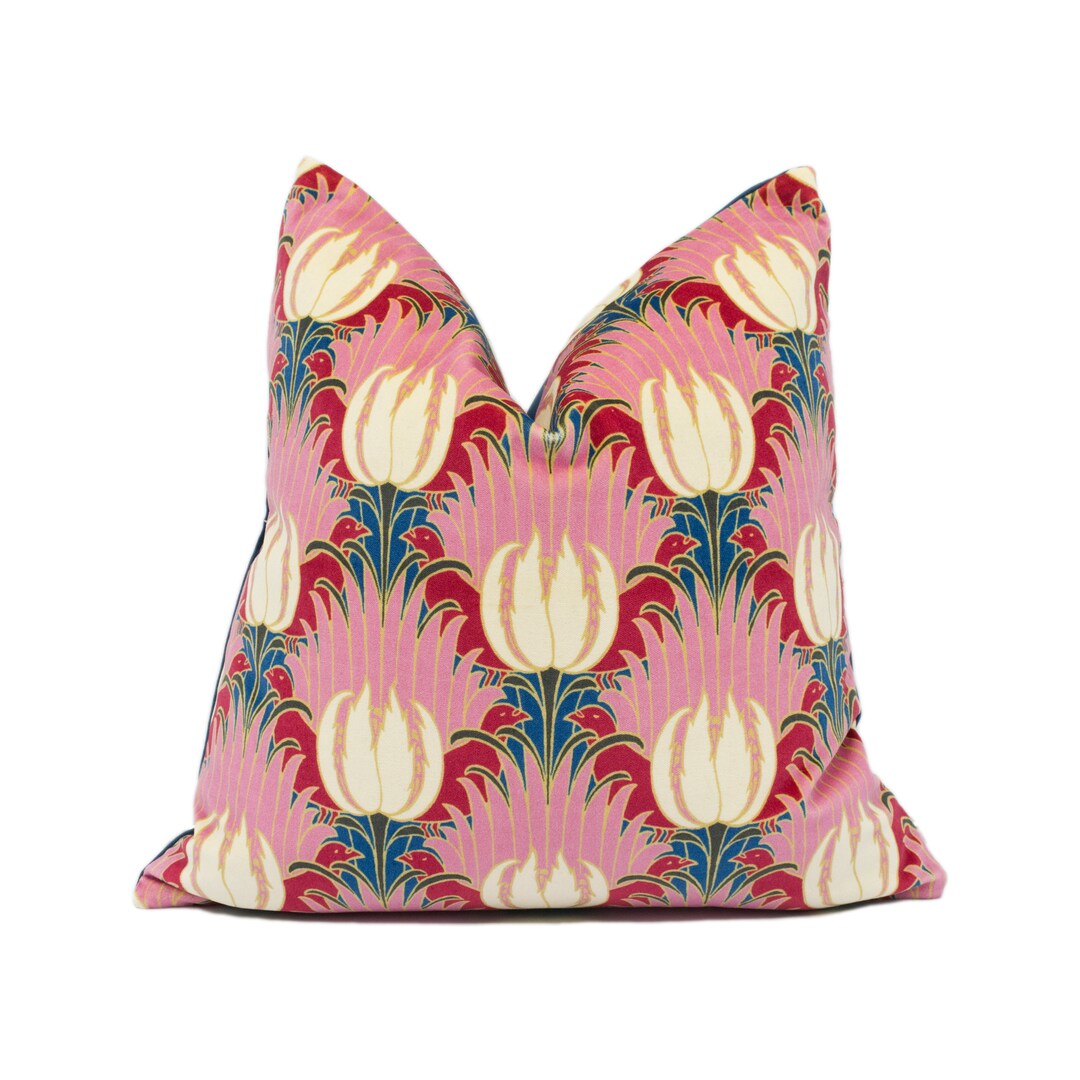 Sanderson Tulip and Bird Amaranth & Blush Bold Arts and Crafts Velvet Cushion Cover Handmade ...