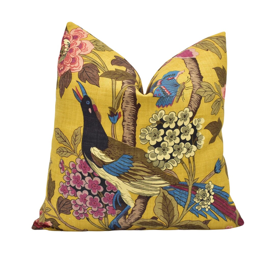 GP & J Baker - Hydrangea Bird - Ochre - Exotic Bird Botanical Linen ...