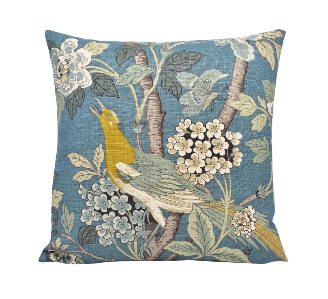 GP & J Baker - Hydrangea Bird - Teal - Exotic Botanical Bird Print ...