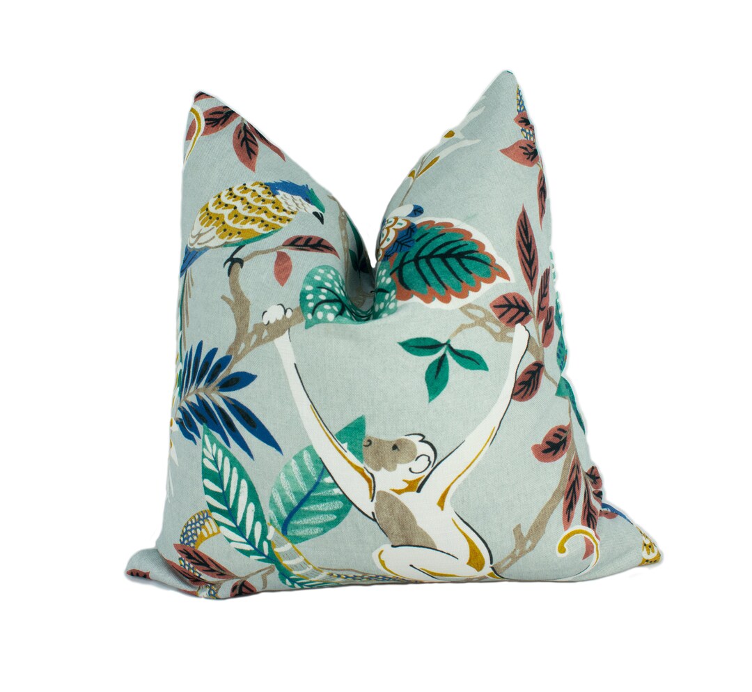 Jane Churchill - Indira - Teal - Tropical Exotic Monkey Parrot Cushion ...
