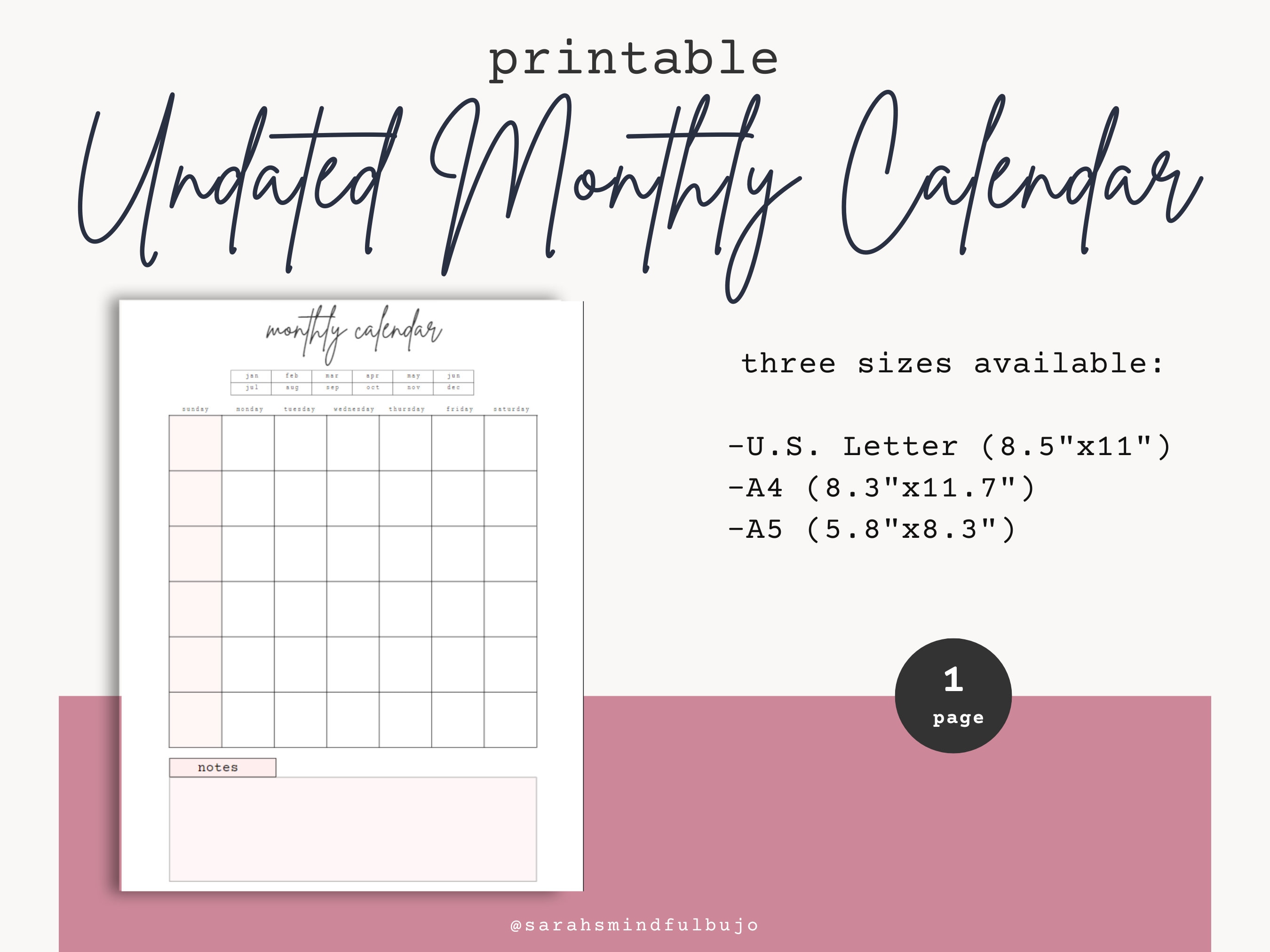 Monthly Calendar Undated Printable Minimalist Pink - Etsy