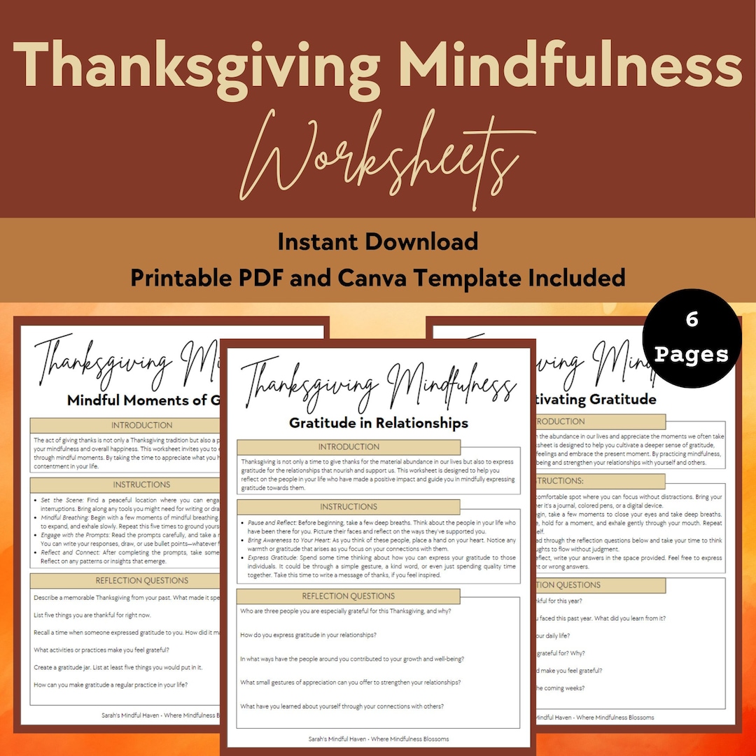 Printable Thanksgiving Mindfulness Worksheets PDF and Canva Template ...