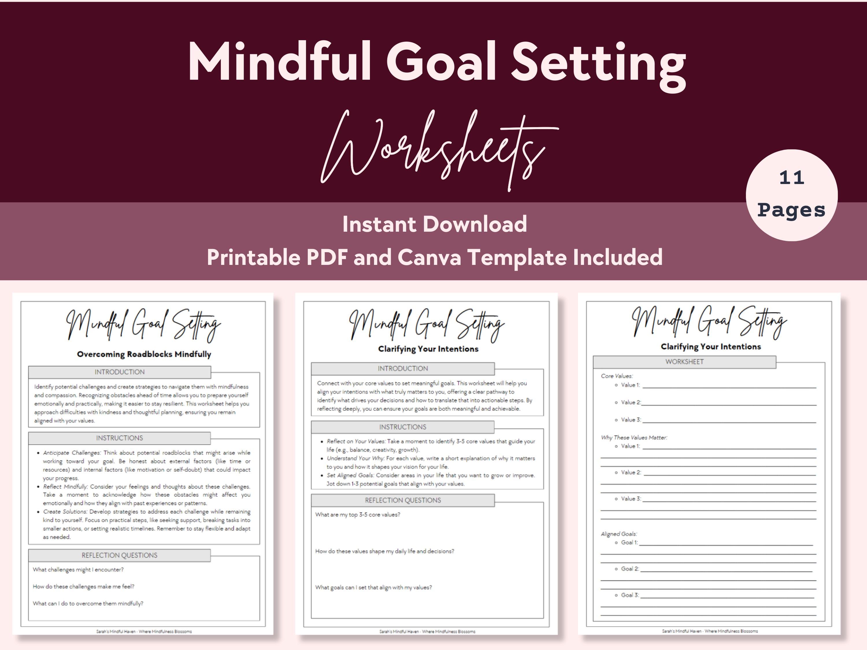 Mindful Goal Setting Worksheets | Printable PDF for Personal Growth ...