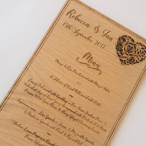 Wedding Table Menu With Stand - Wooden Engraved Oak Veneer - Rustic ...