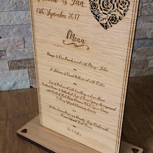 Wedding Table Menu With Stand - Wooden Engraved Oak Veneer - Rustic ...