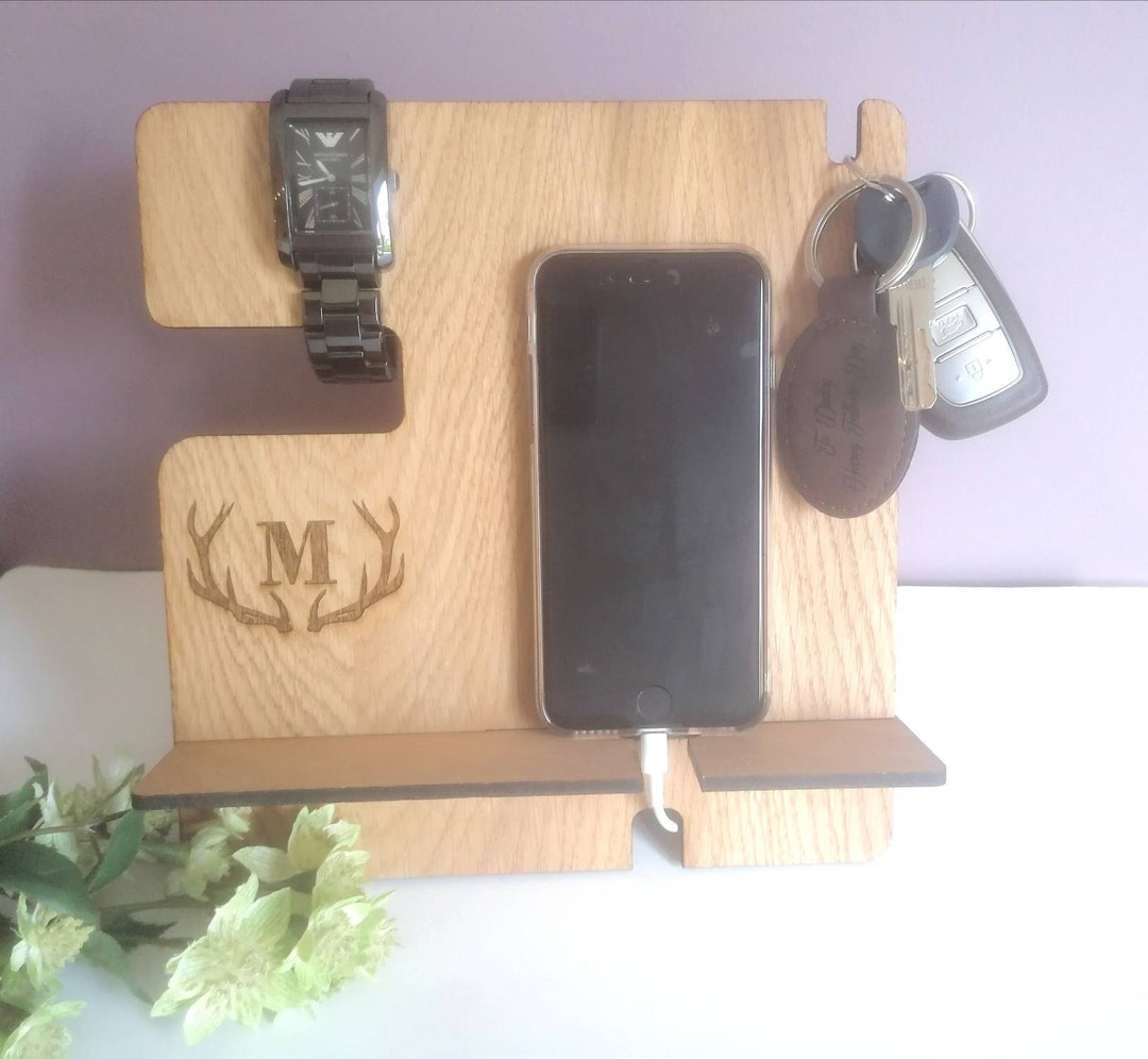 Mens Wooden Phone Organiser - Personalised Phone Holder - Bedside ...