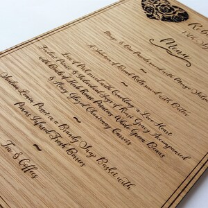 Wedding Table Menu With Stand - Wooden Engraved Oak Veneer - Rustic ...