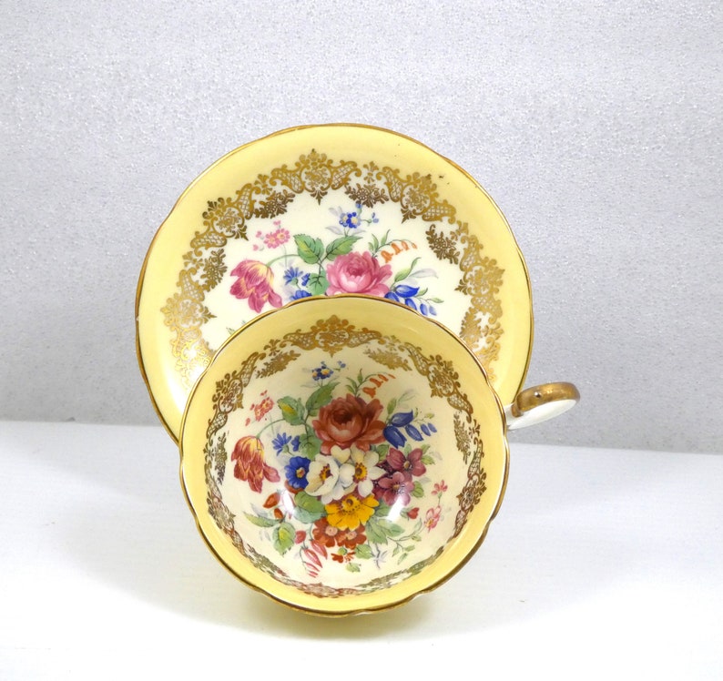 Aynsley Flower Cup and Saucer Yellow With Gold Trim and Flower Bouquets ...