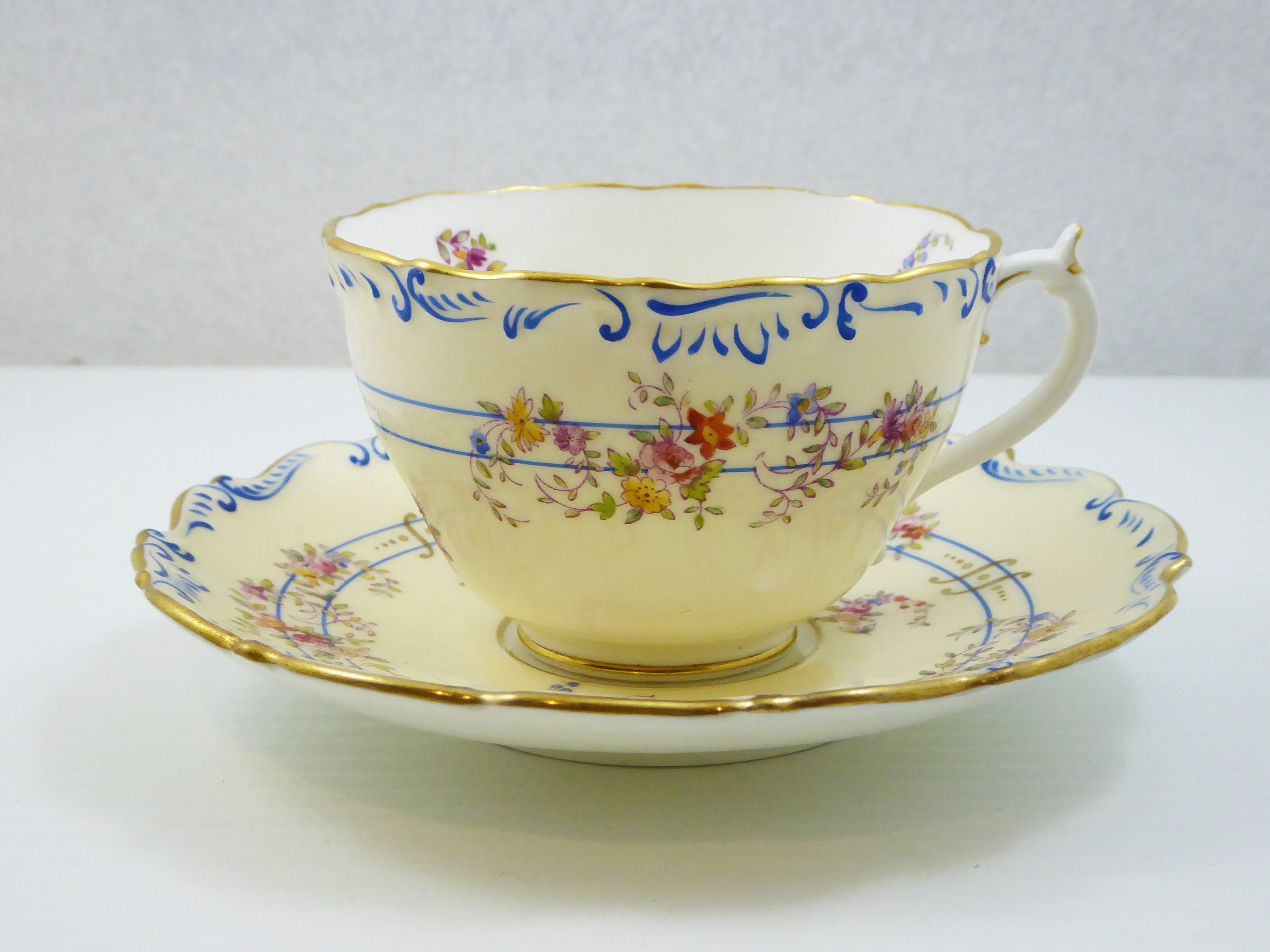 Coalport Cup and Saucer Floral Swag Garland on Yellow Background Bone ...