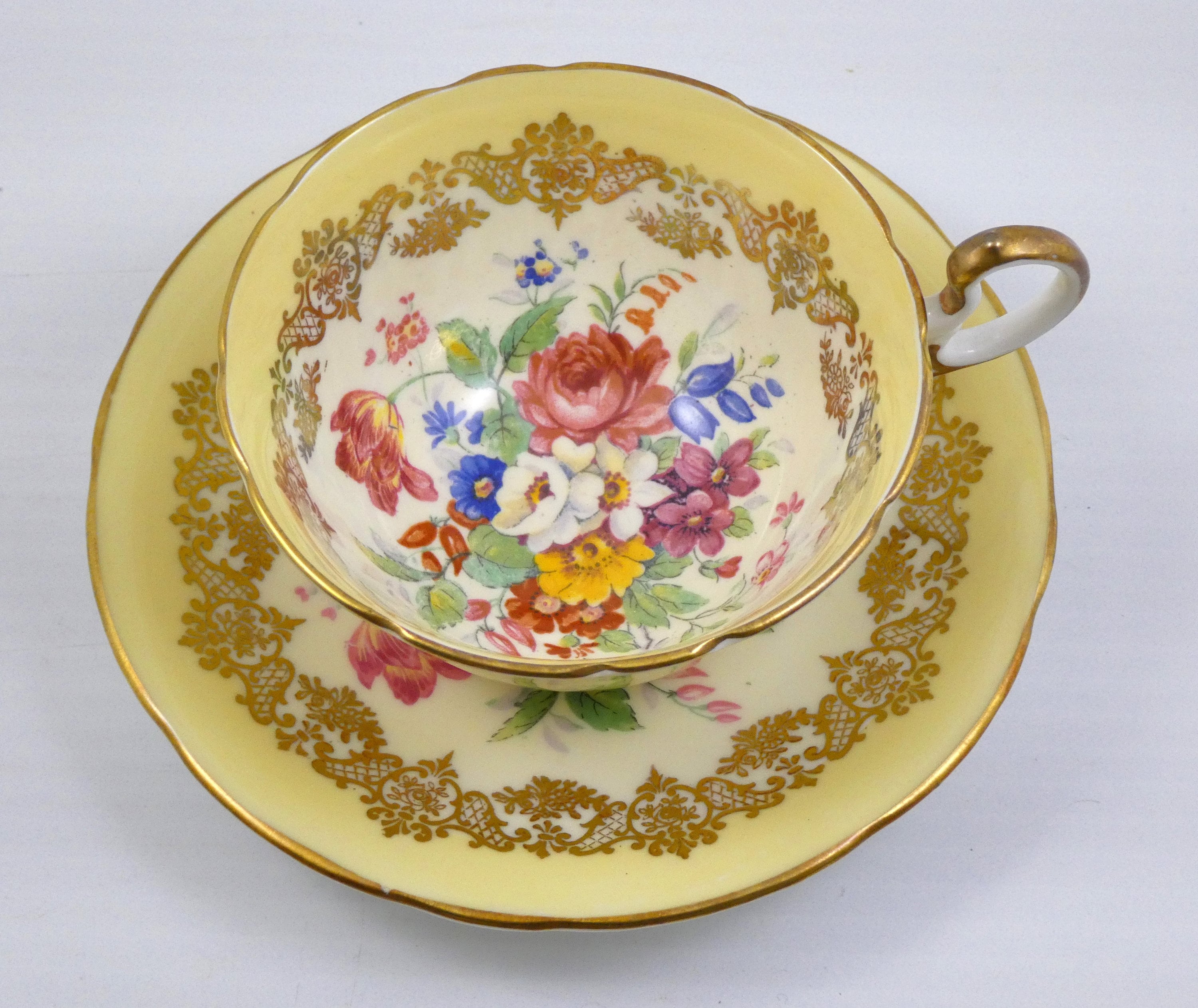 Aynsley Flower Cup and Saucer Yellow With Gold Trim and Flower Bouquets ...
