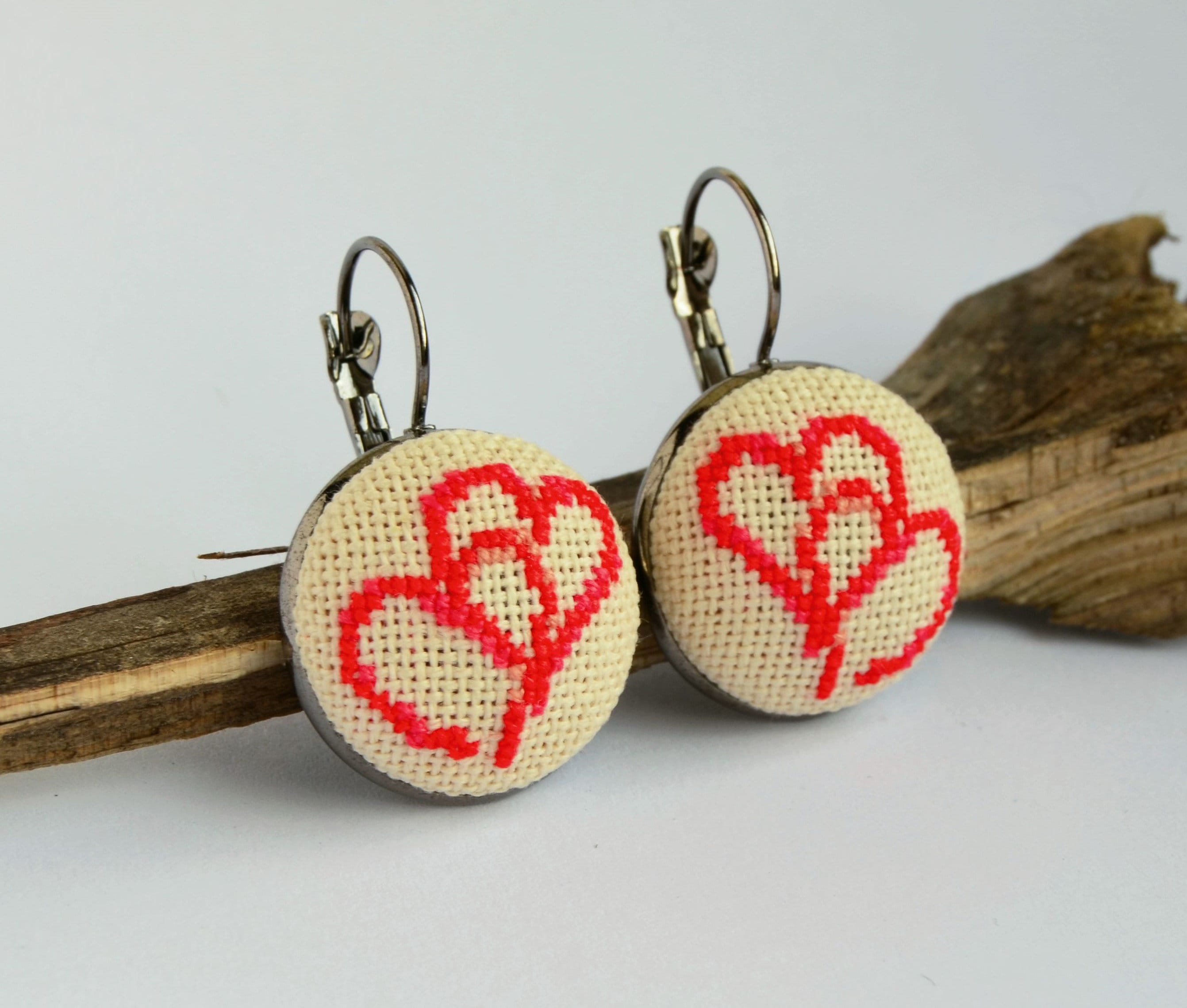 Red Heart Earrings, Cross Stitch Romantic Jewelry, Handcrafted ...