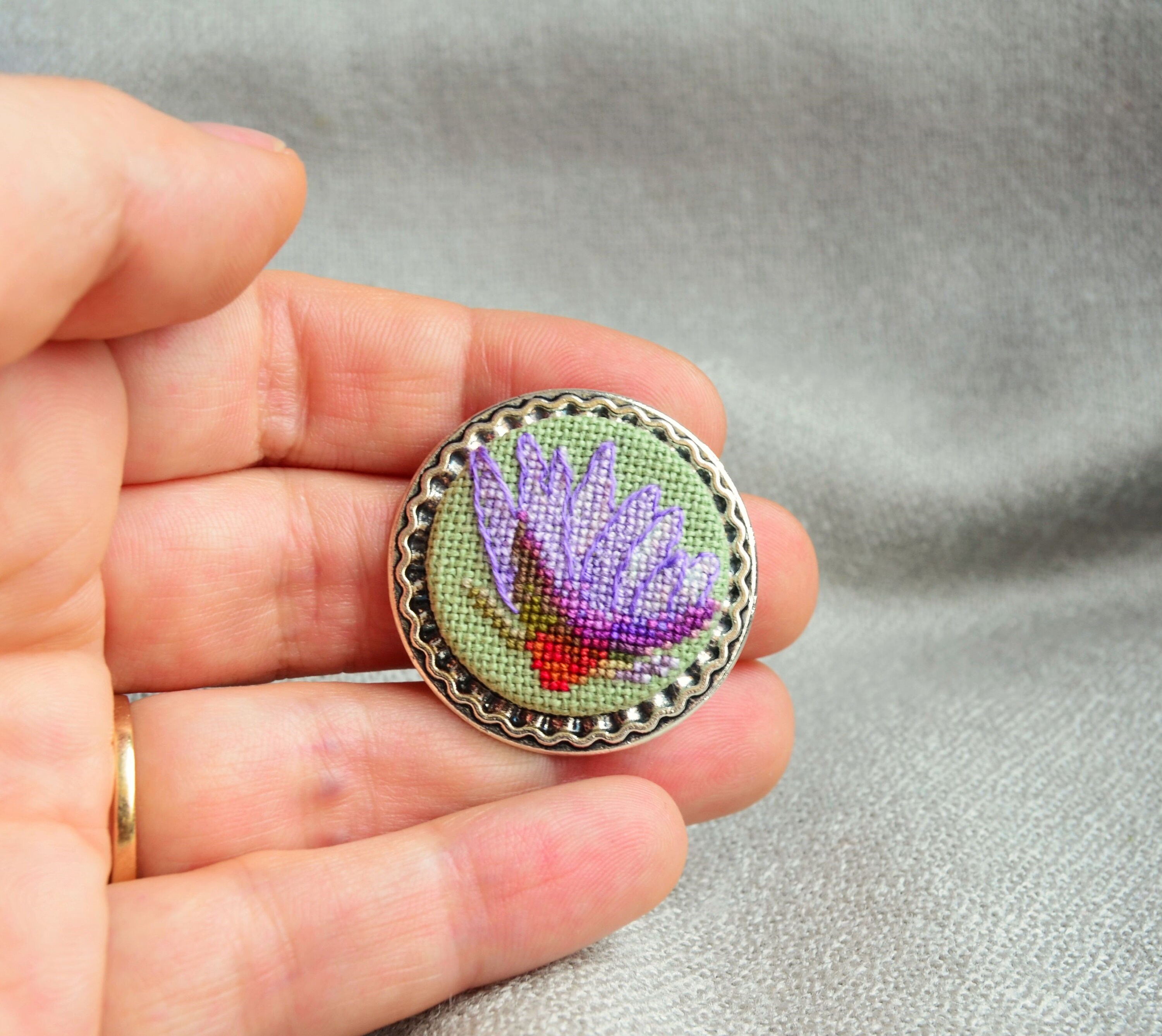 Embroidered Purple Flower Brooch Modern Cross Stitch Jewelry | Etsy