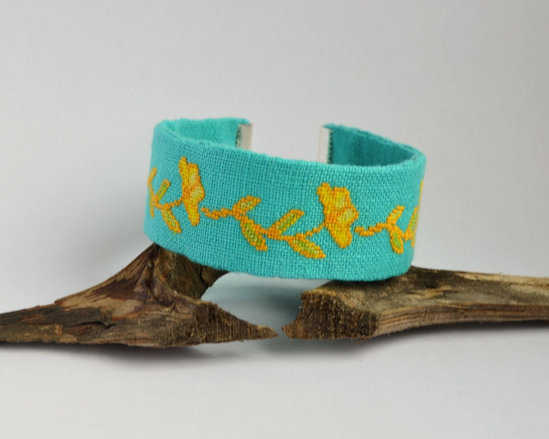 Embroidered Linen Bracelet: Yellow Flower, Turquoise Boho Cross Stitch ...