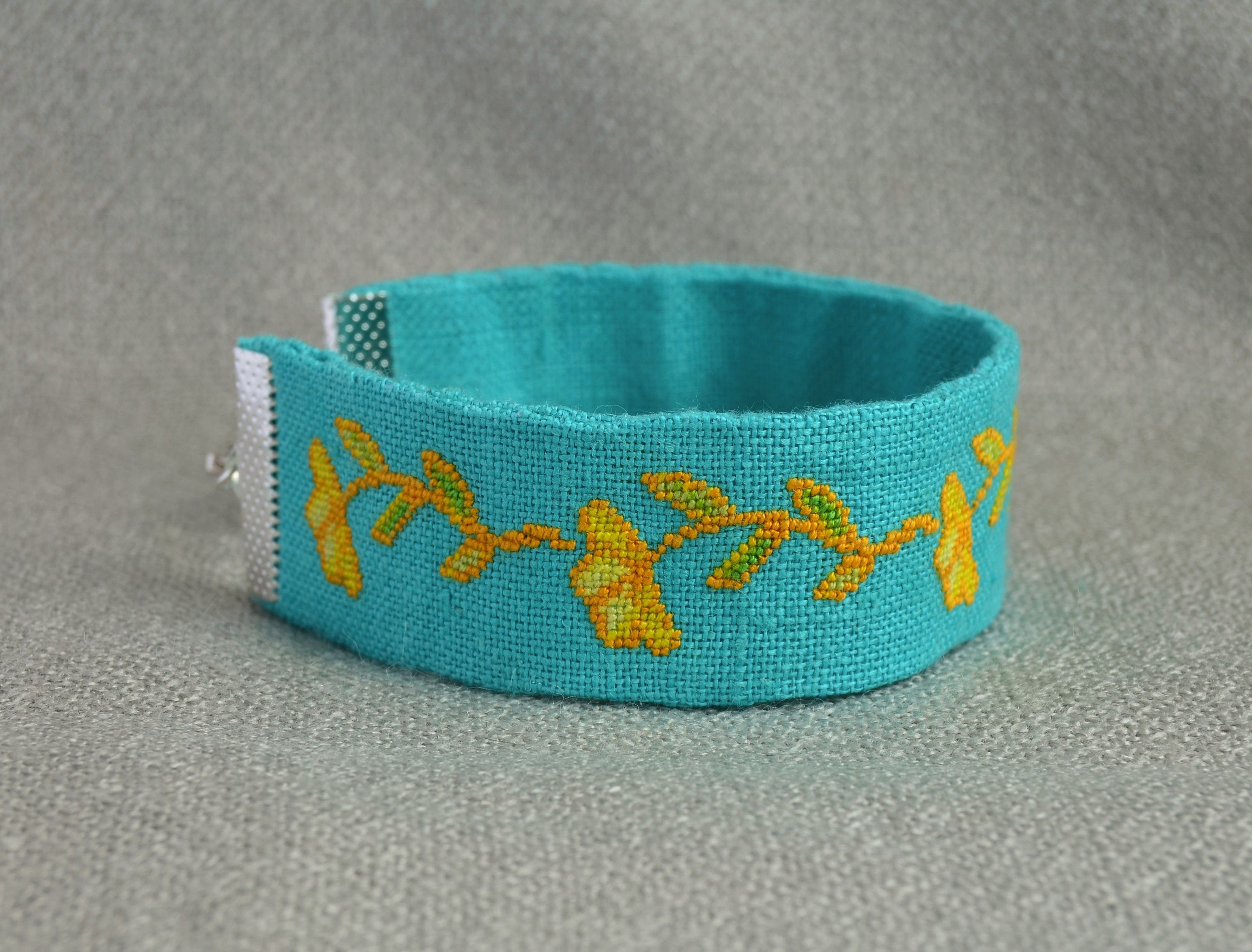 Embroidered Linen Bracelet: Yellow Flower, Turquoise Boho Cross Stitch ...