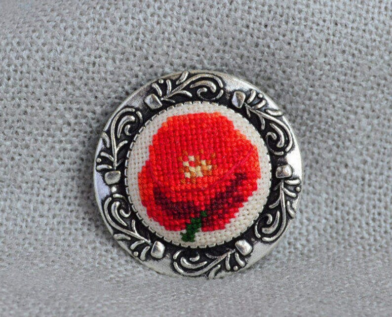Red Poppy Embroidered Brooch Floral Cross Stitch Jewelry for Her ...