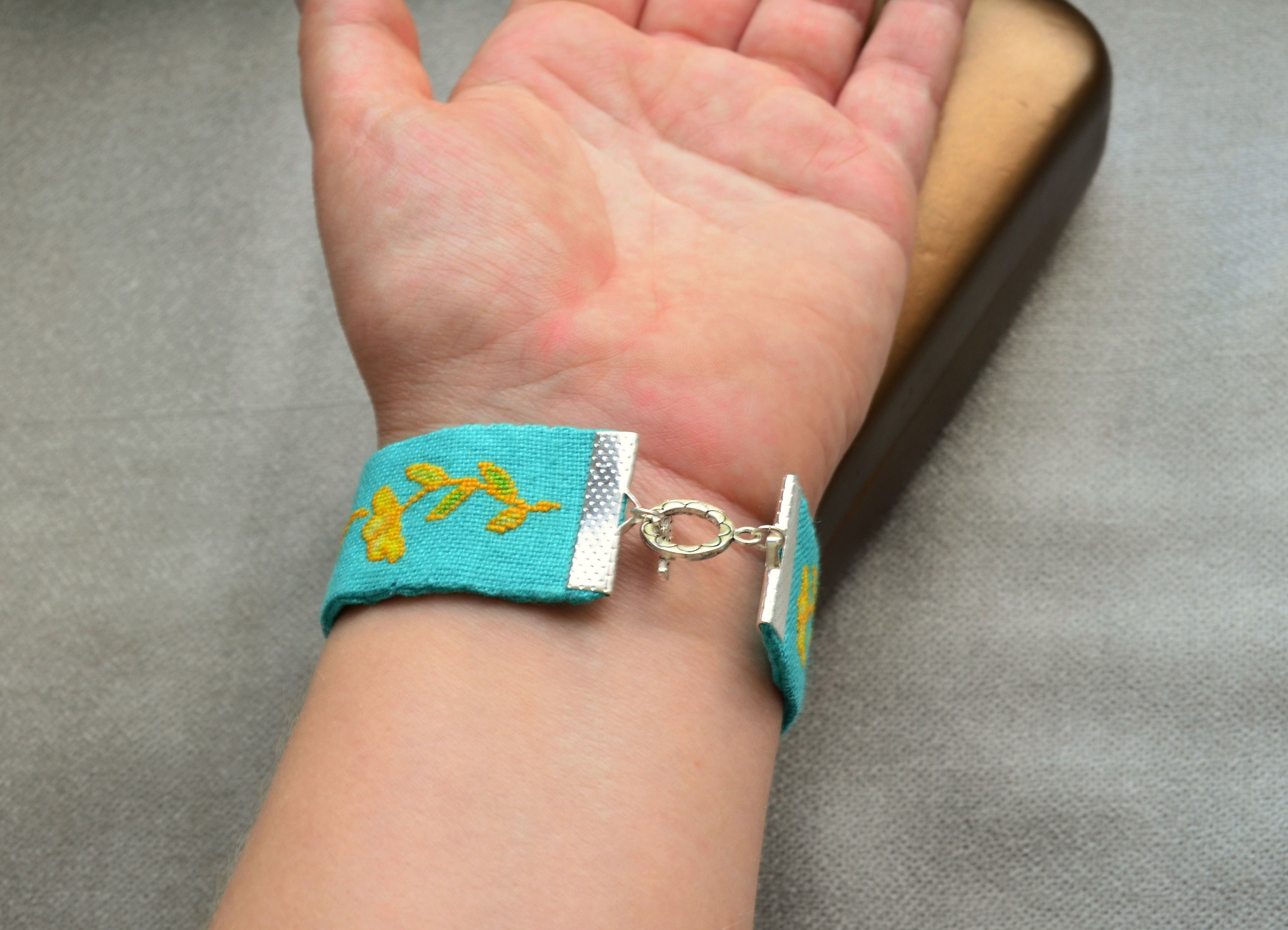 Embroidered Linen Bracelet: Yellow Flower, Turquoise Boho Cross Stitch ...