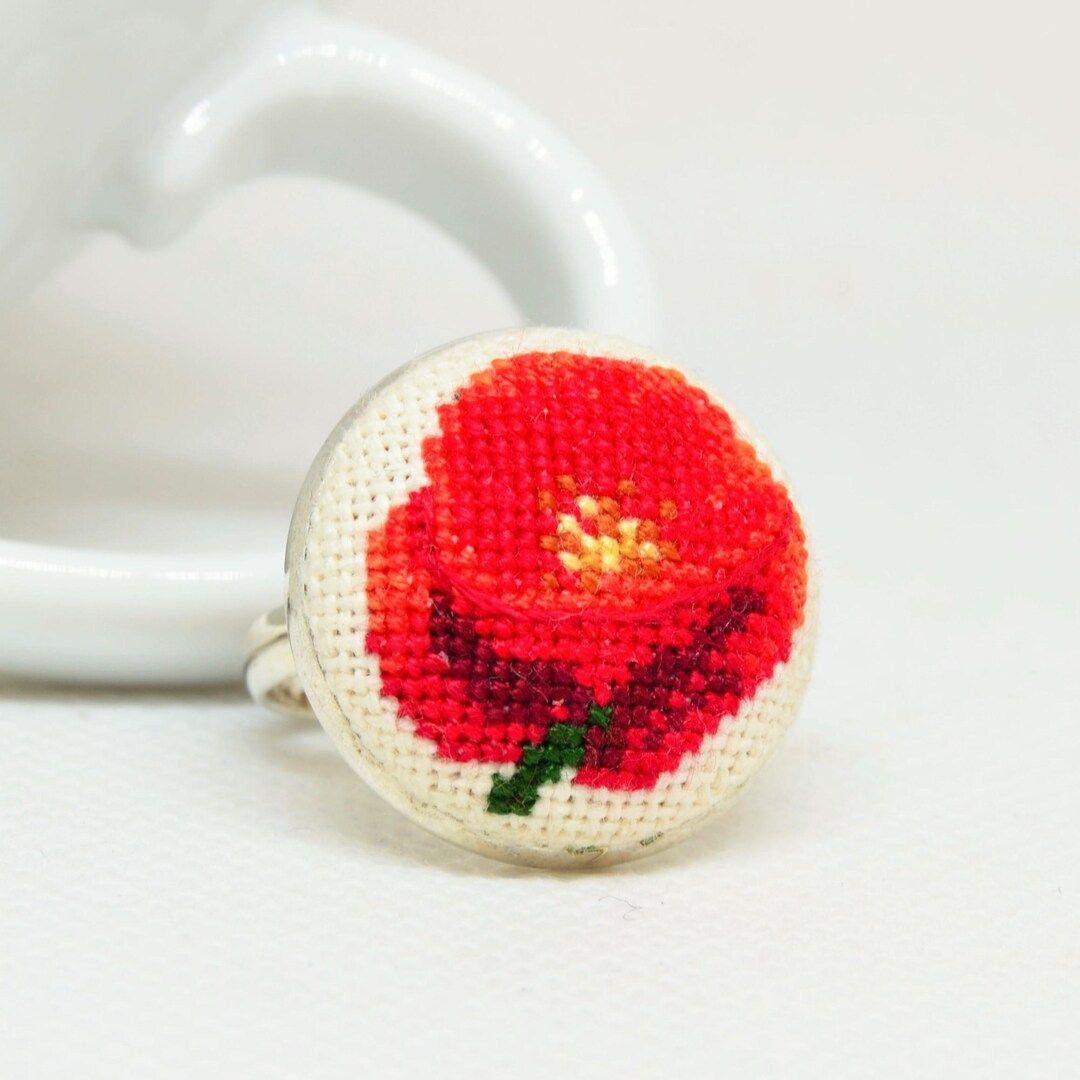 Handmade Red Poppy Embroidered Ring: Dainty Floral Jewelry - Etsy