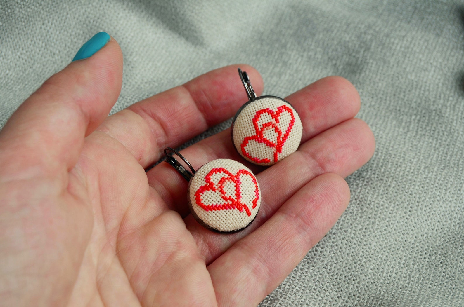 Red Heart Earrings, Cross Stitch Romantic Jewelry, Handcrafted ...