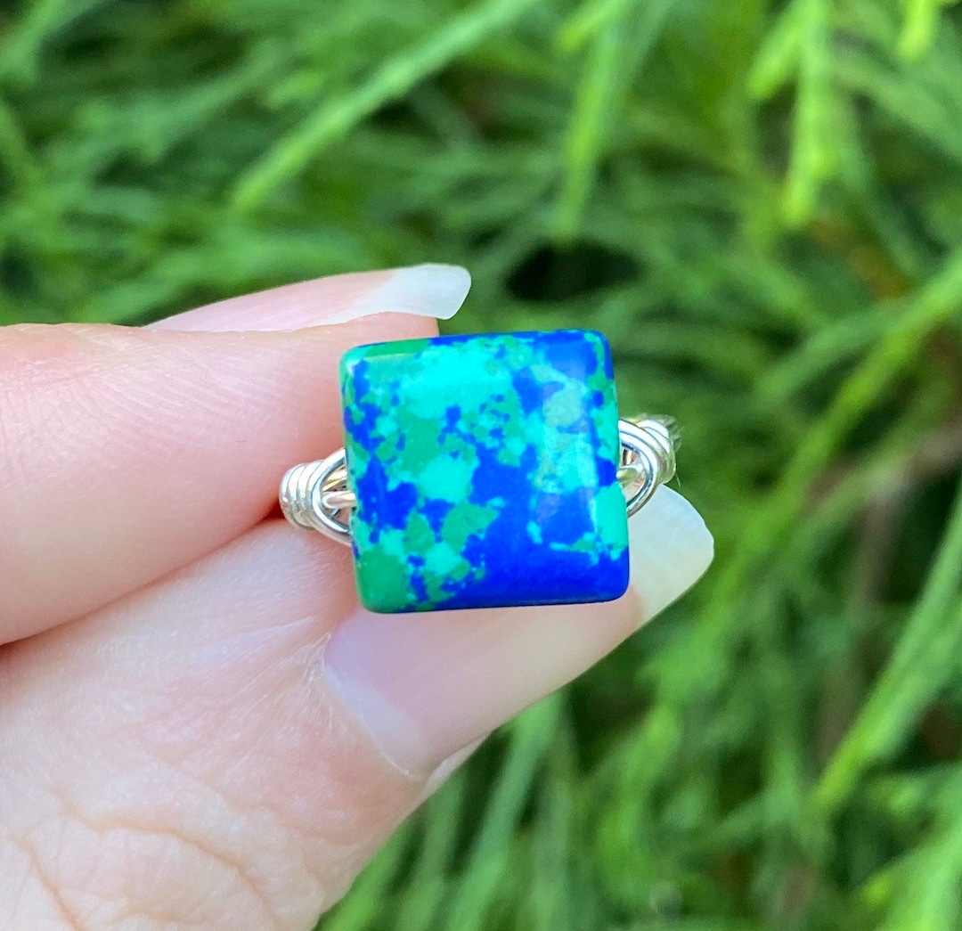 Imperial Jasper Square Stone Blue Green Ring: Silver-plated Wire - Etsy