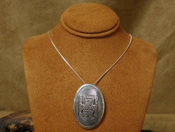 Vintage Sterling Silver Aztec Pin/ Necklace - Gem