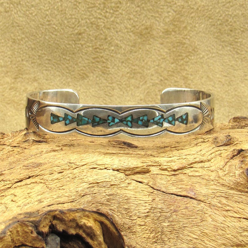 Sterling Silver Turquoise Chip Inlay Cuff Bracelet by Navajo Gibson ...