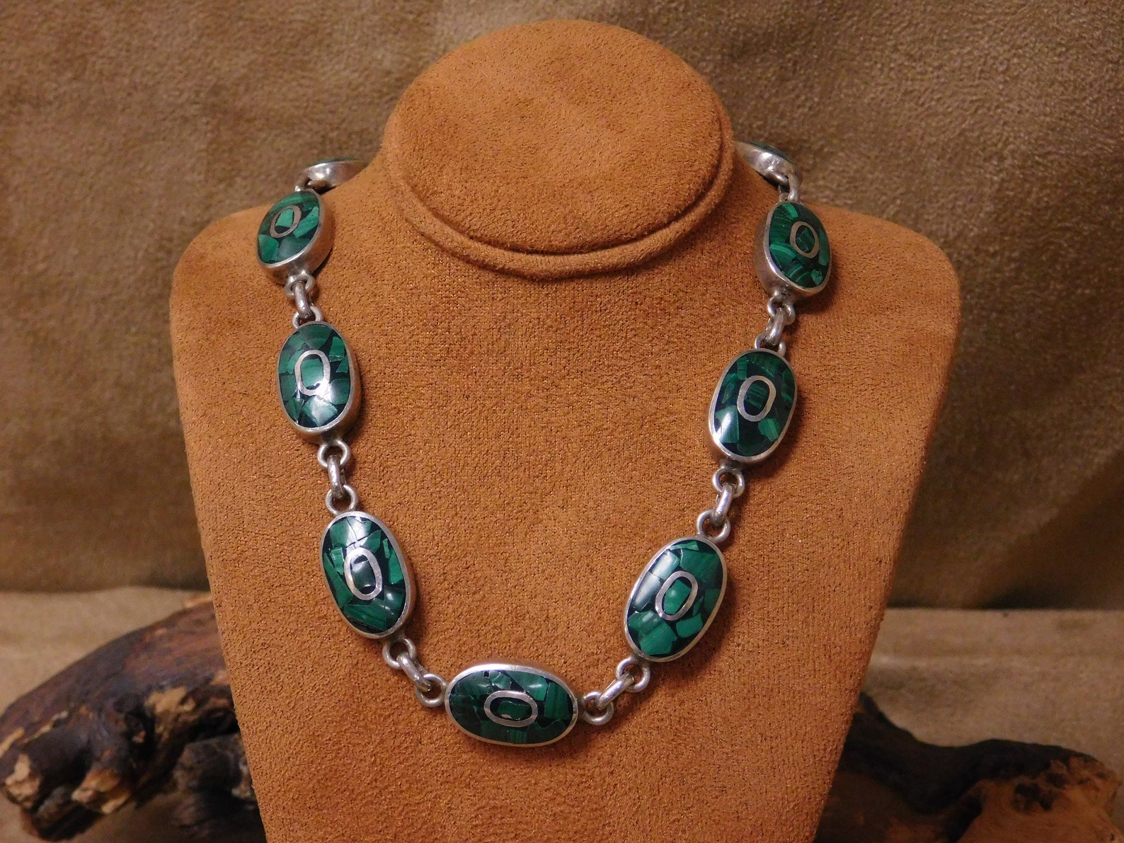Vintage Sterling Silver and Malachite Chip Inlay Necklace - Etsy