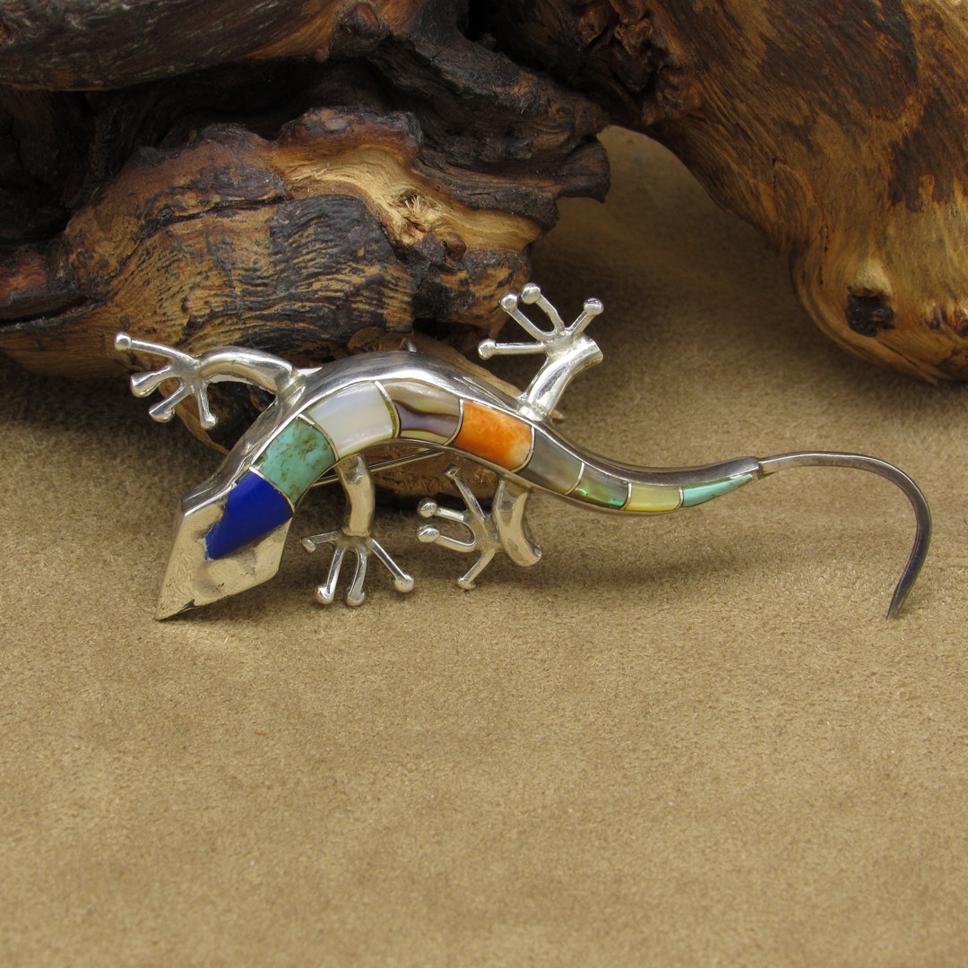 Sterling Silver Lizard Pin/pendant With Inlay - Etsy