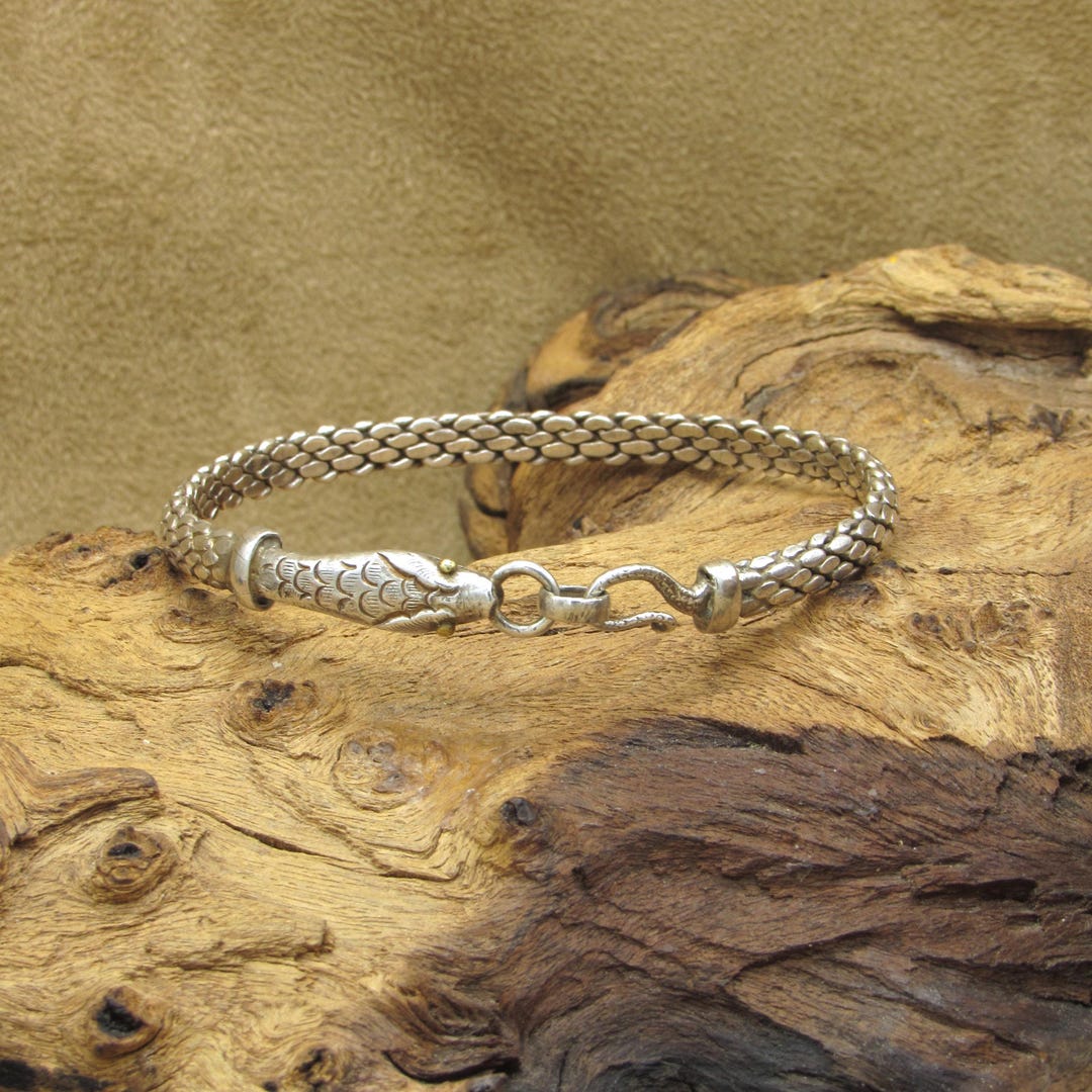 Sterling Silver Snake Design With Brass Eyes Hook-clasp Bangle - Etsy