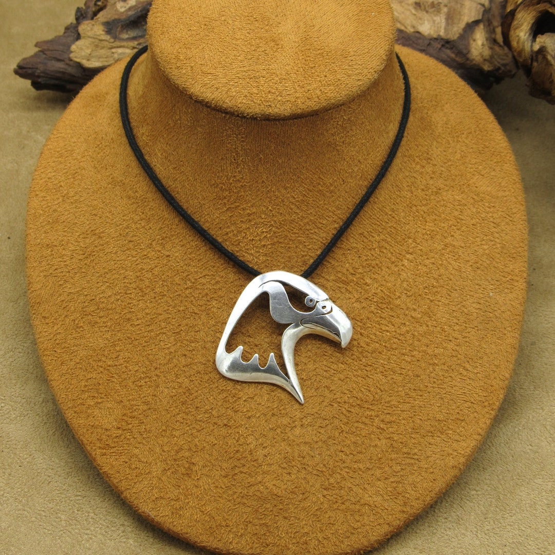 Vintage Sterling Silver Cut-out Eagle Head Design Pendant on Black Cord ...