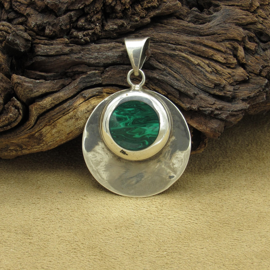 Sterling Silver and Block Malachite Round Pendant - Etsy