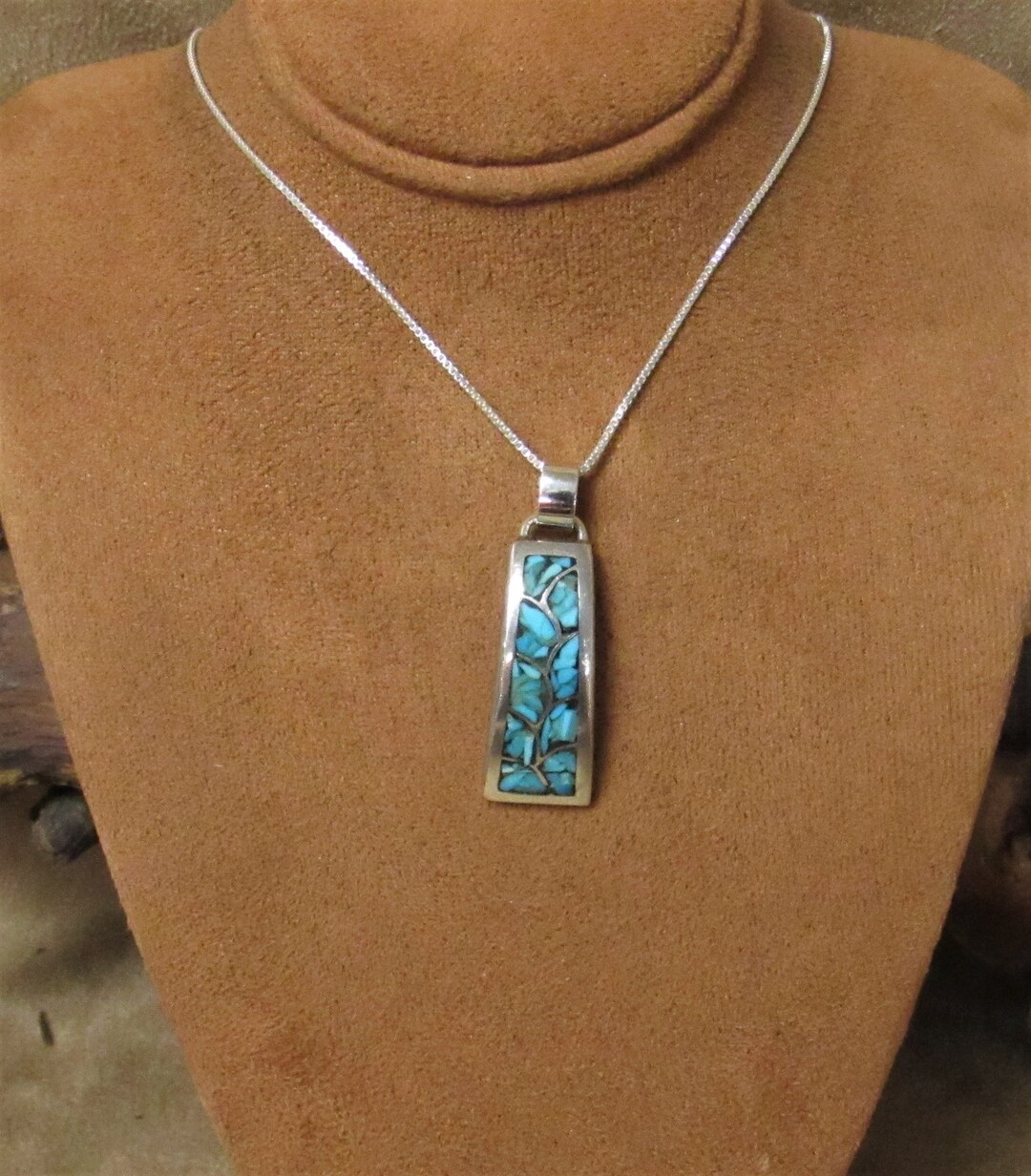 Southwest Sterling Silver Turquoise Chip Inlay Necklace 2 - Etsy