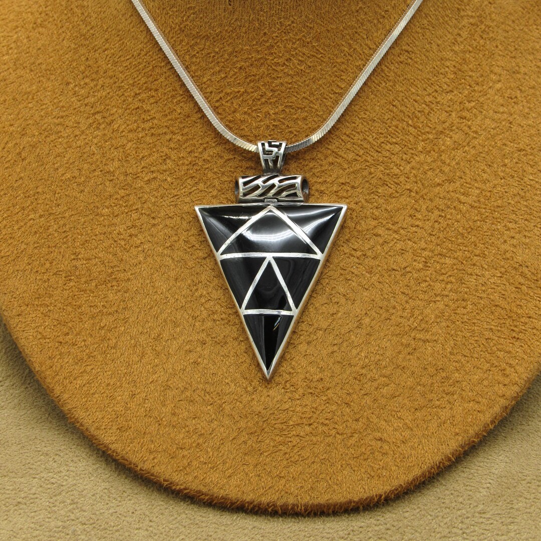 Sterling Silver Inlaid Jet Triangle Pendant 22" Necklace - Etsy