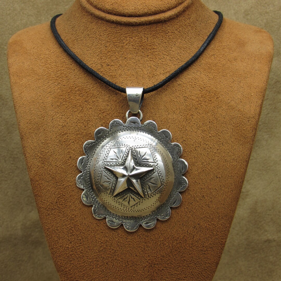 Sterling Silver Domed Concho Pendant With a Star Center on Black Cord ...
