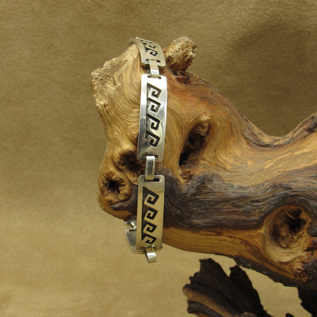 Sterling Silver Southwest Overlay Link Bracelet With Whirlwind Symbol ...