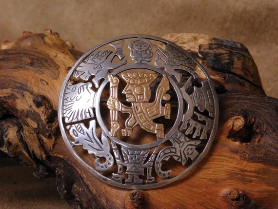 Vintage Sterling Silver and 18K Gold Aztec Pin/pendant | Etsy