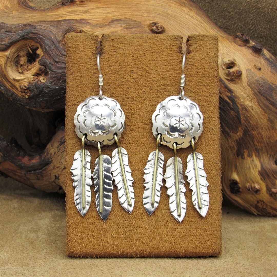 Sterling Silver Mexican Concho and Dangling Feathers Earrings - Etsy