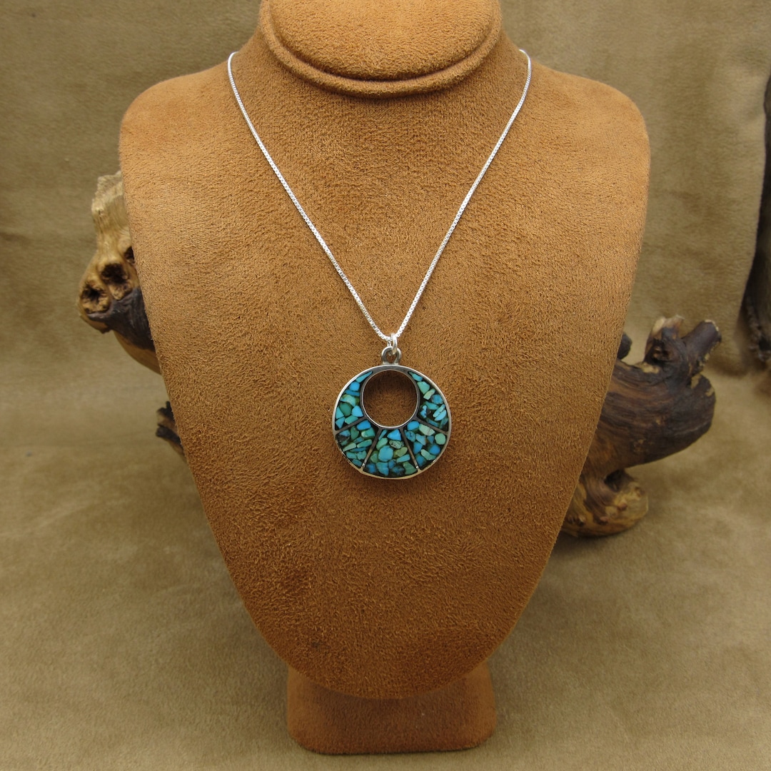 Sterling Silver Turquoise Chip Inlay Pendant Necklace - Etsy