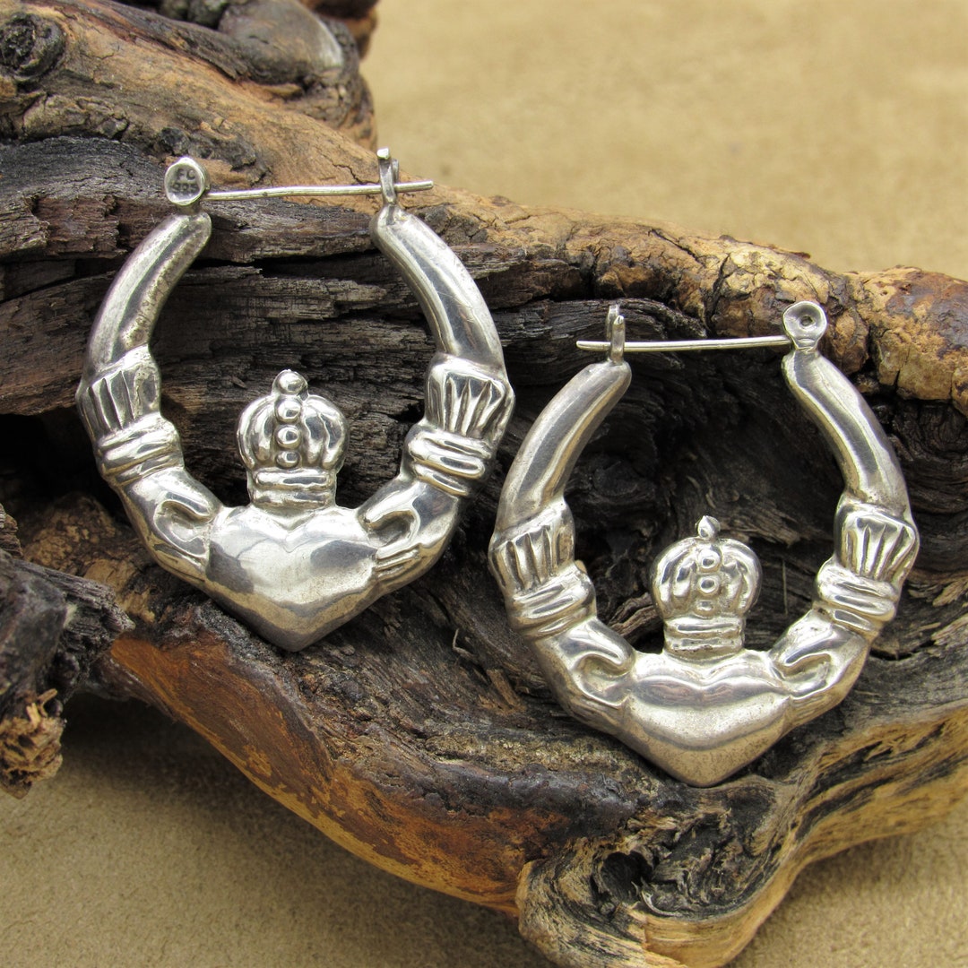 Vintage Sterling Silver Claddagh Hoop Earrings - Etsy