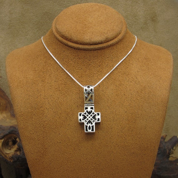 Open Work Pretty Sterling Silver Cross Necklace - Gem
