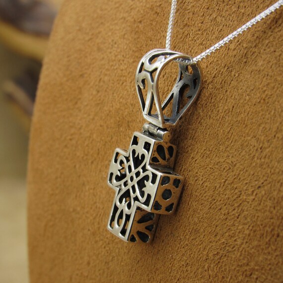 Open Work Pretty Sterling Silver Cross Necklace - Gem