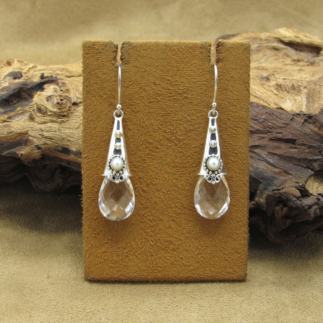 Sterling Silver Crystal Pearl Dangle Wire Earrings - Etsy