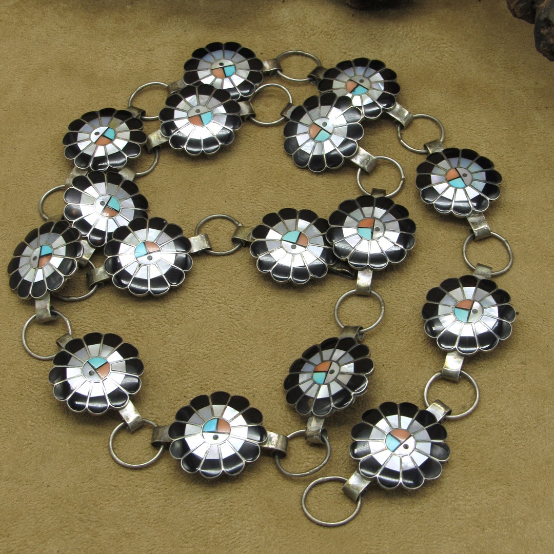 Vintage Sterling Silver Zuni Inlay Sunface Concho Belt - Etsy