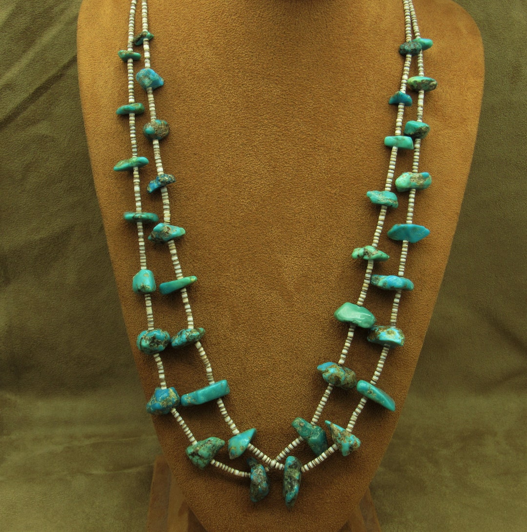 Two Strand Olive Shell Heishi and Turquoise Nugget Southwest Necklace ...