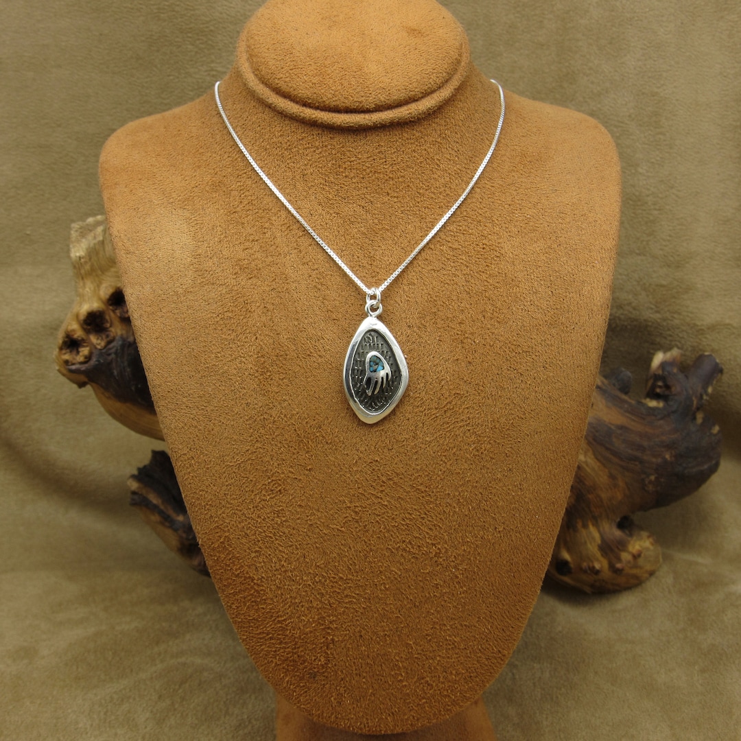 Sterling Silver Turquoise Chip Inlay Bear Paw Necklace - Etsy