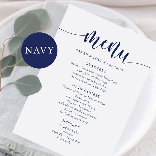 Navy Menu Card Template Dinner Menu Editable Wedding Dinner - Etsy