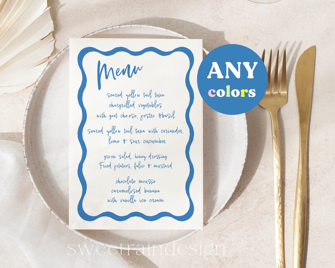 Wavy Menu Cards Template, Retro Wedding Menu, Wave Menu Cards, Fun Menu ...